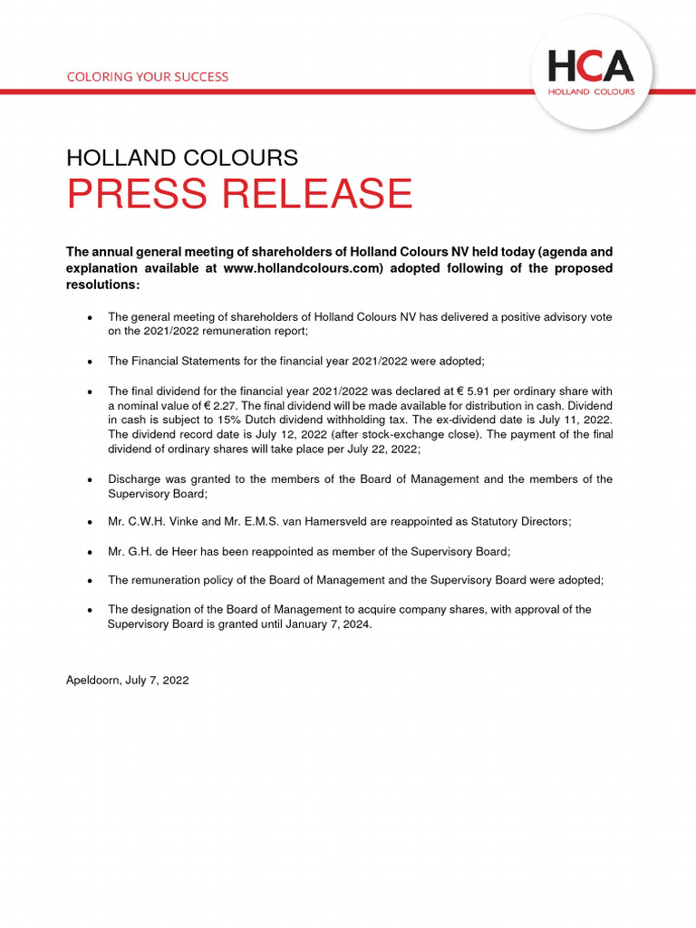 Holland Colours 2021-2022 - PRESS RELEASE | PDF | Dividend | Board Of ...