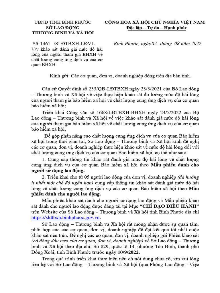 CV 1461 Ngay 02.8khao Sat Danh Gia Muc Do Hai Long Cua Nguoi Tham Gia BHXH | PDF