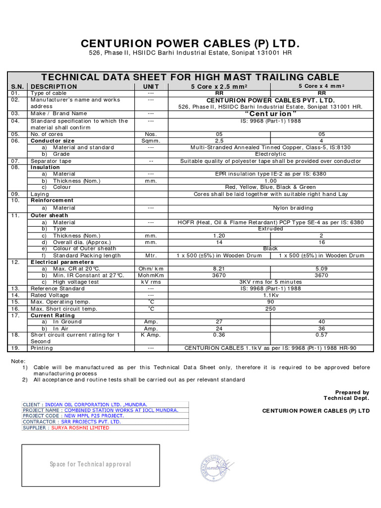 High Mast Trailing Cable Specifications | PDF | Volt | Electrical ...