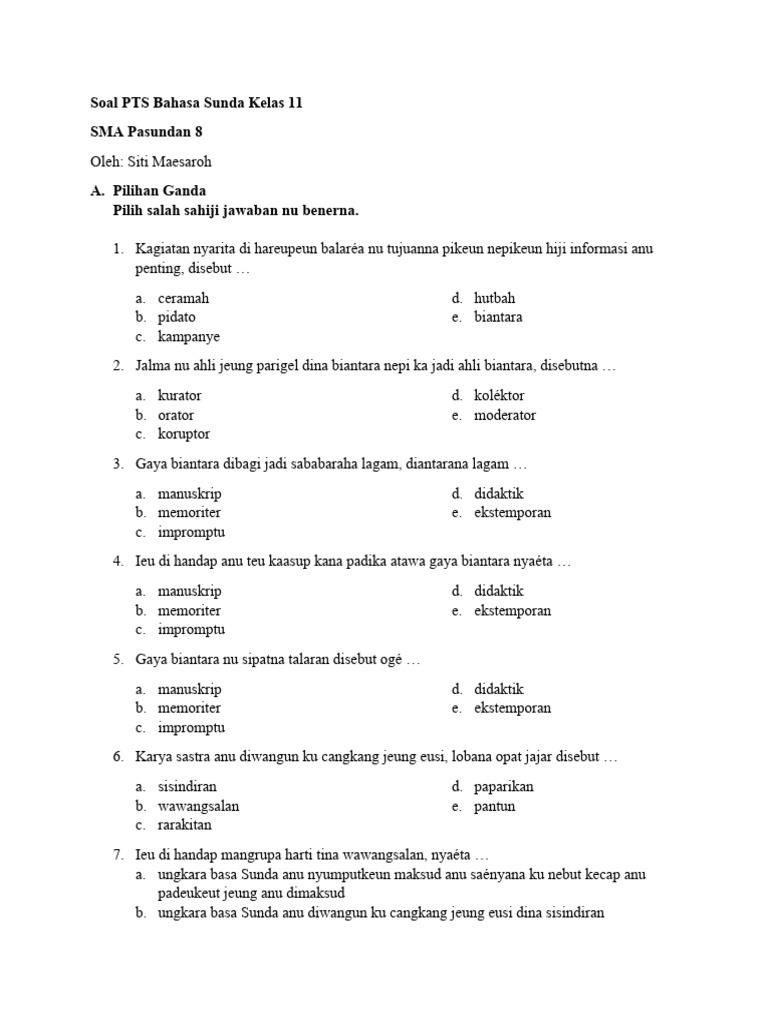 Soal PTS Bahasa Sunda Kelas 11 | PDF