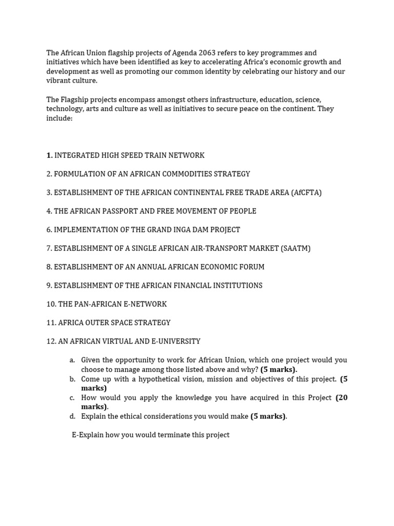 The African Union Flagship Projects of Agenda 2063 Exam Project ...