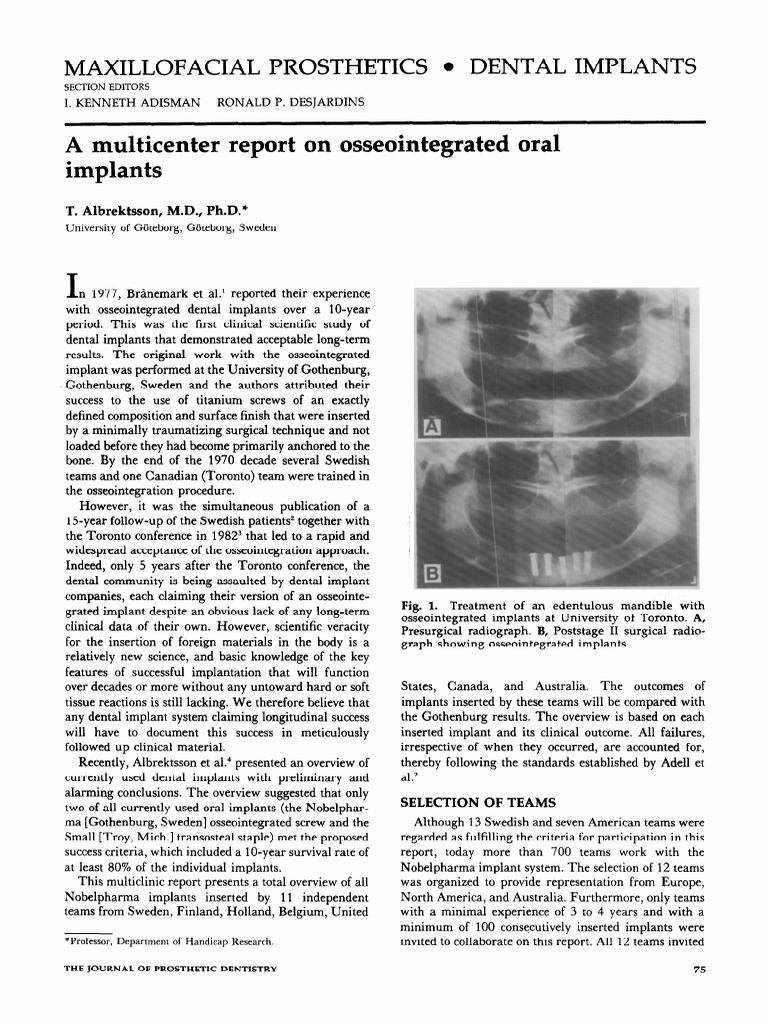 A Multicenter Report On Osseointegrated Oral Implants T. Albrektsson, M ...
