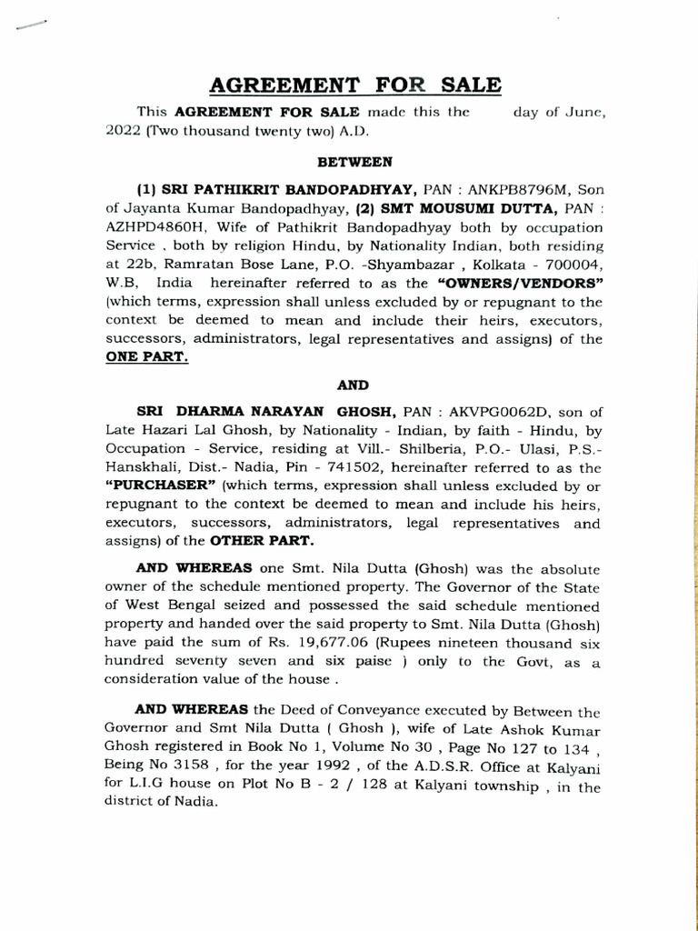 Agreement For Sale | PDF | Conveyancing | Deed