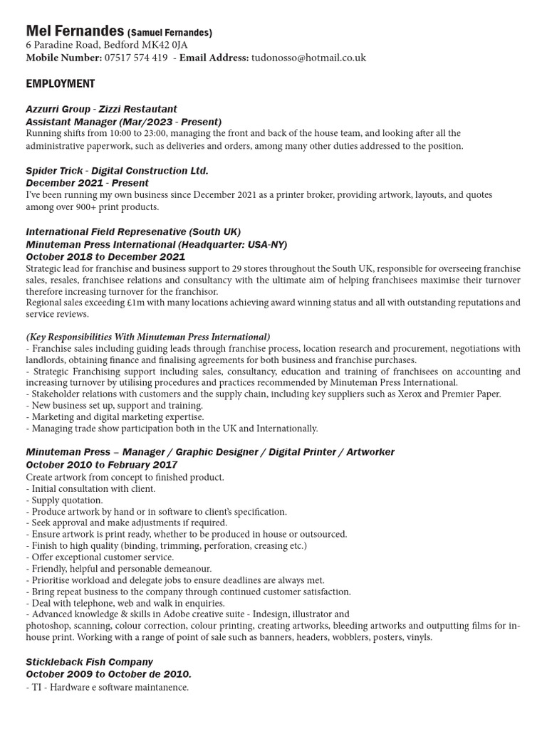 CV Mel 2023 Bedford | PDF | Franchising | Business