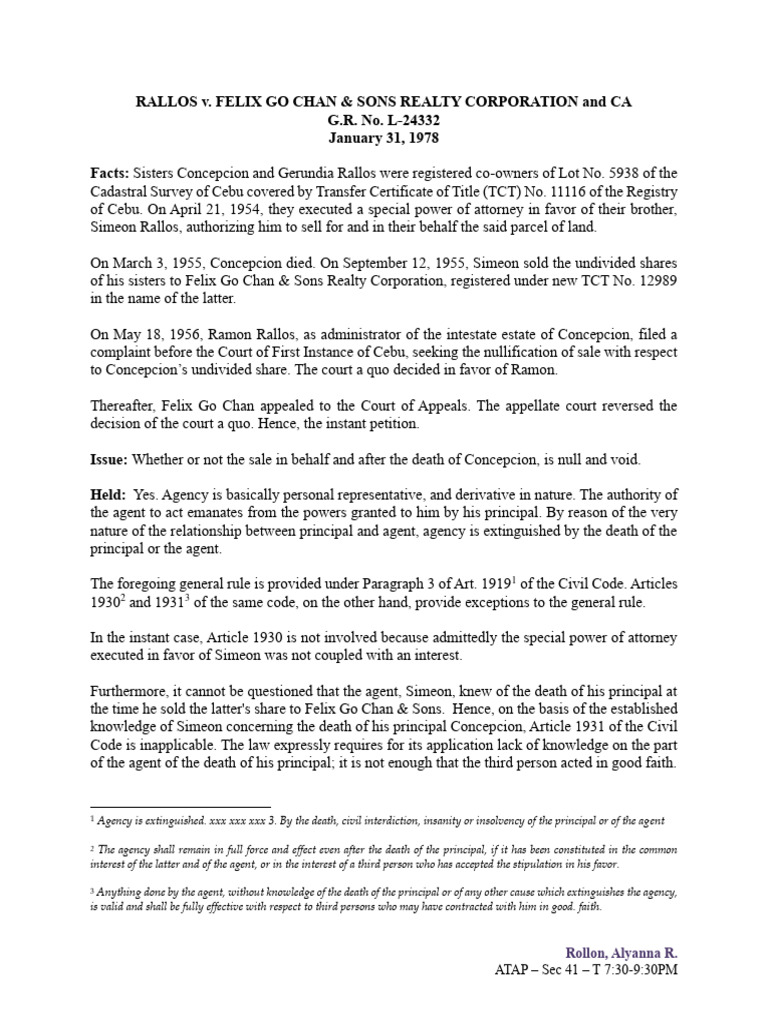 Rallos vs. Felix Go Chan & Sons Realty Corp., 81 SCRA 251 | PDF ...