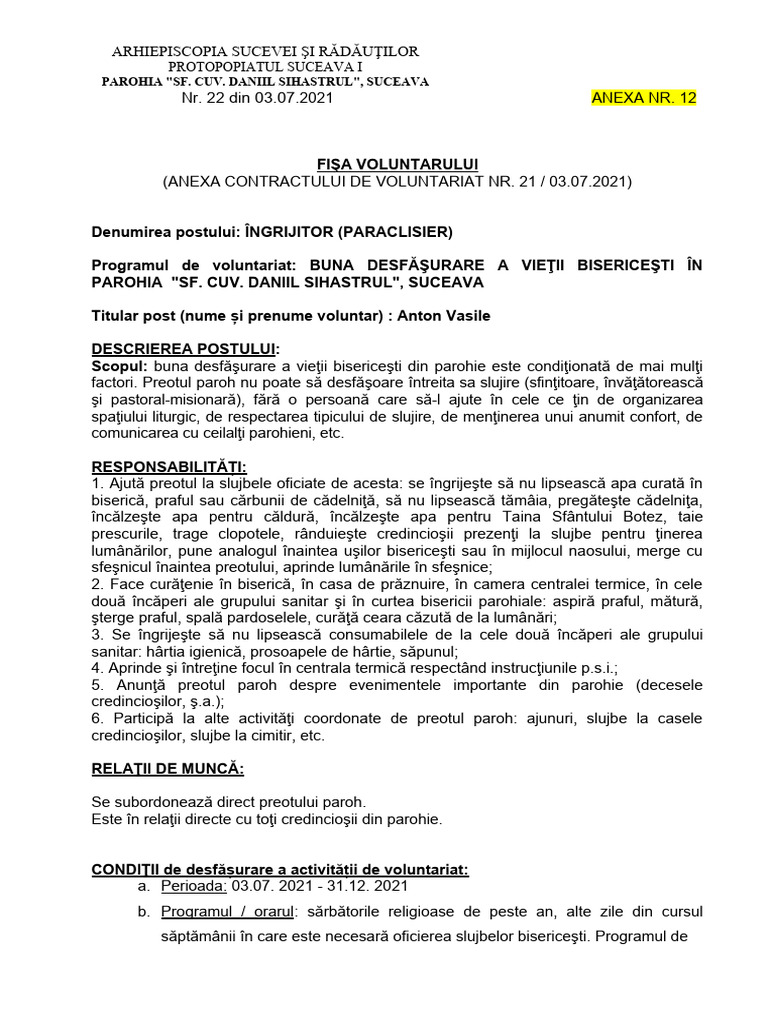 Anexa Nr. 12. Model de Fisa A Voluntarului Pt. Paraclisier | PDF