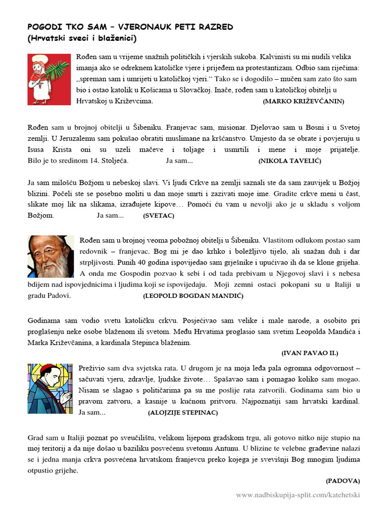 Pogodi Tko Sam Vjeronauk Hrvatski Sveci Blazenici Peti Razred-1 | PDF