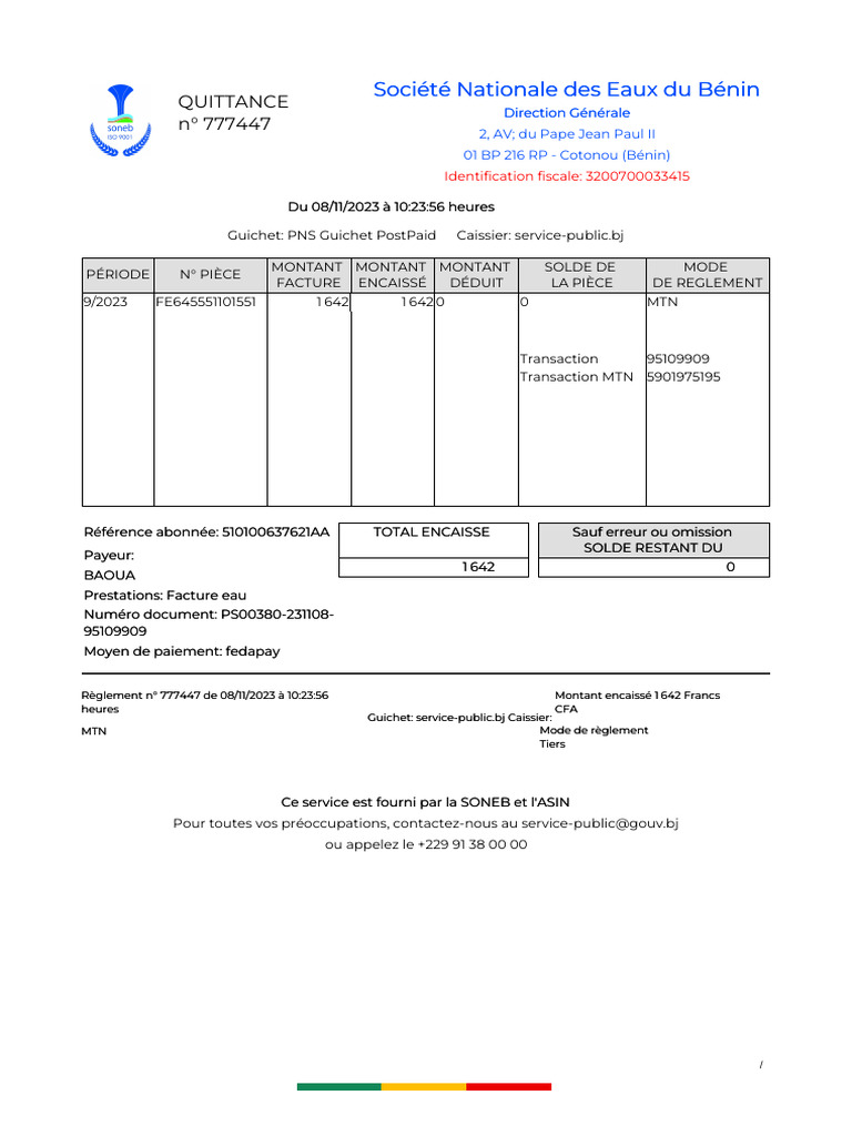 Quittance de paiement SONEB en ligne | PDF