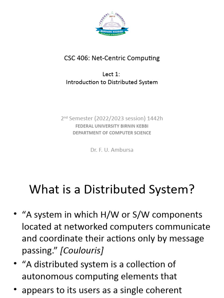 CSC - 406 - 1 - Intro To Distributed System | PDF | Cloud Computing | Distributed Computing
