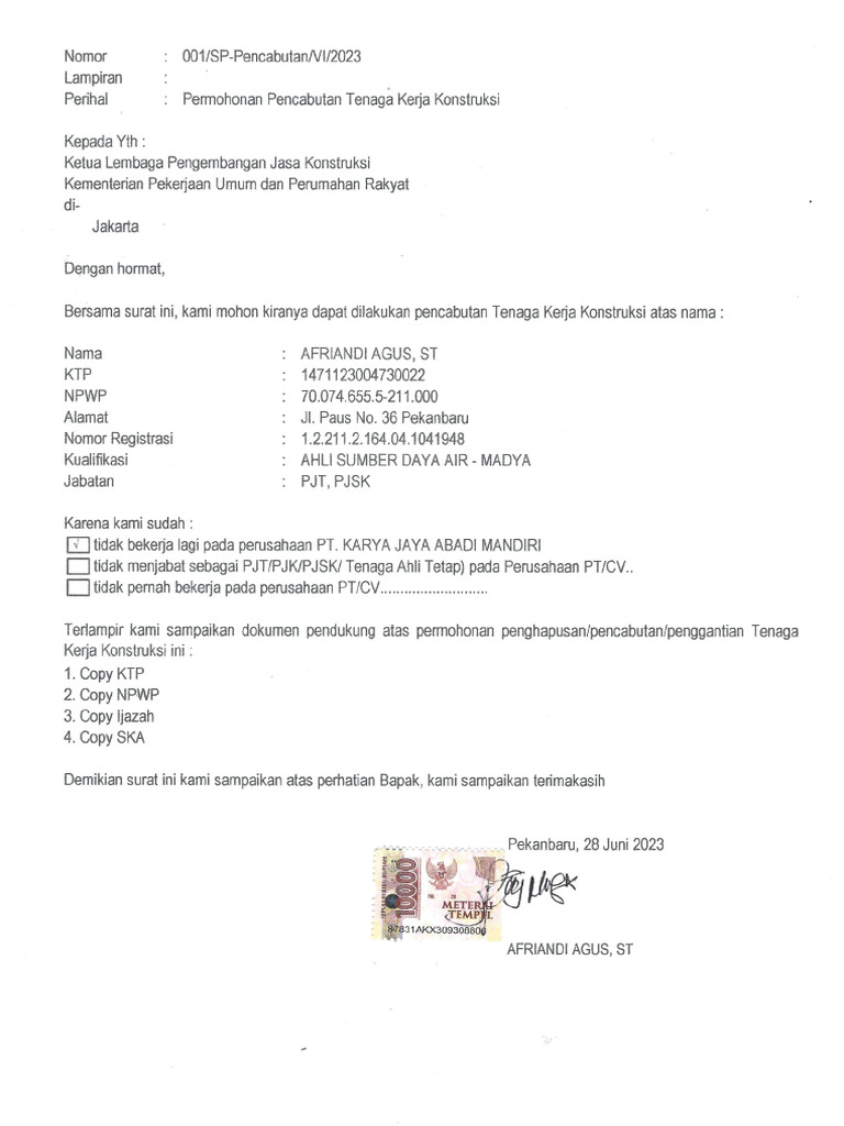 Surat Permohon Pencabutan Pjt | PDF