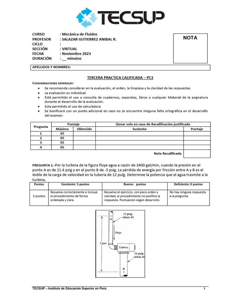 PC3 Mec de Fluidos - 2023-1 | PDF | Tubería (transporte de fluidos) | Ciencias fisicas