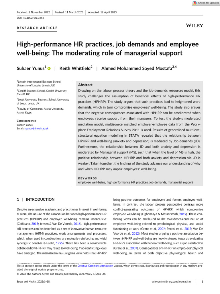 Stress and Health - 2023 - Yunus - High Performance HR Practices Job ...