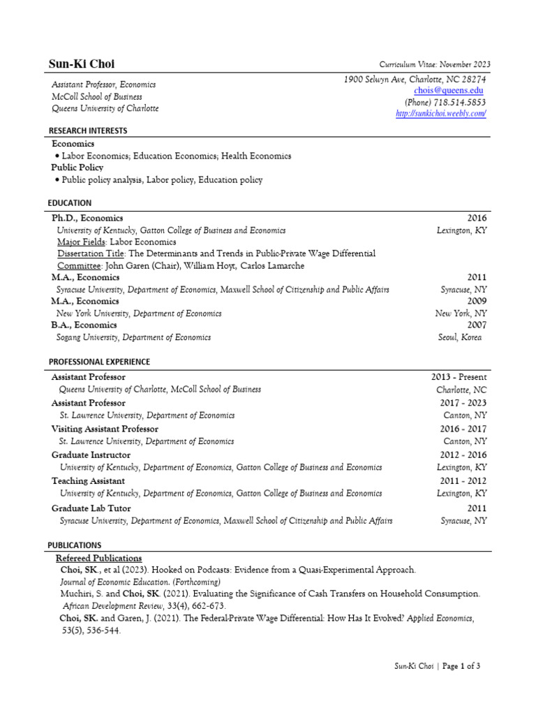 CV Sun Ki Choi | PDF | Economics | Economies