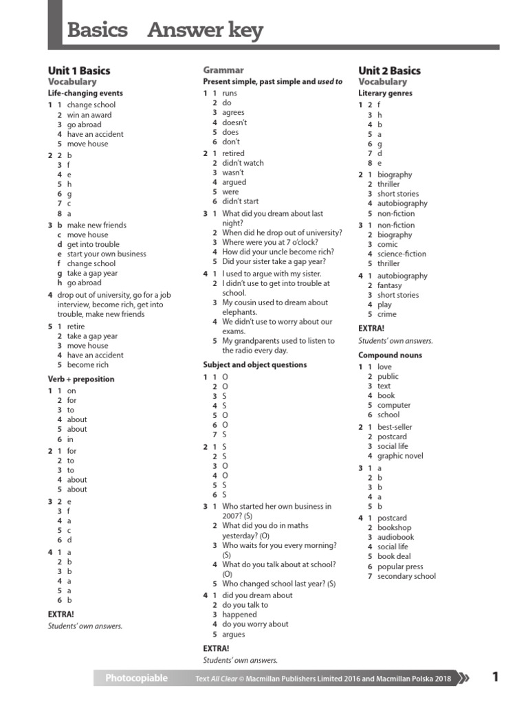All Clear Kl8 TRF Basics Answer Key | PDF | Linguistic Morphology | Syntax