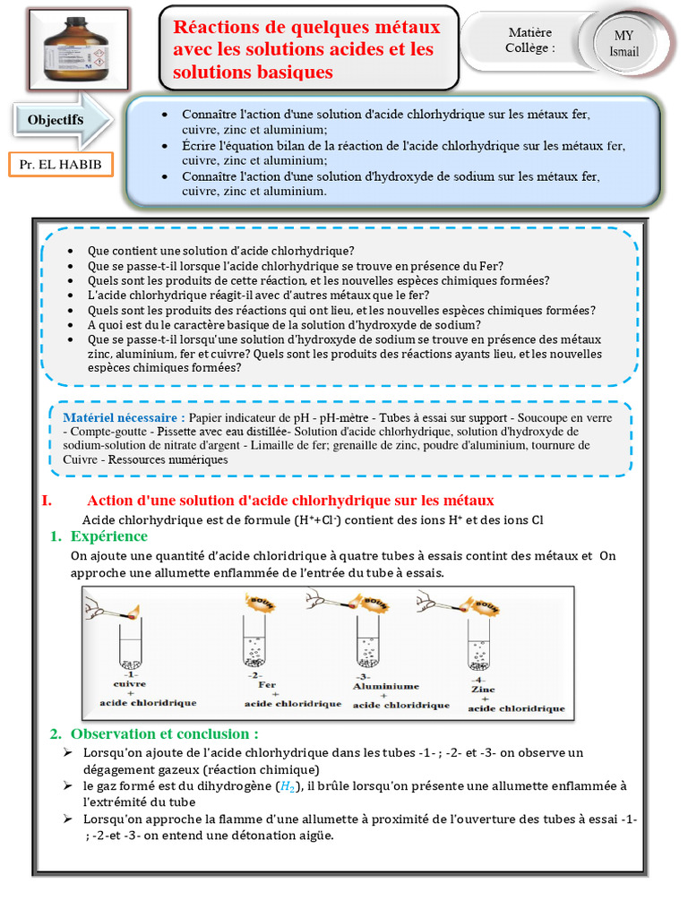 Reactions de Quelques Metaux Avec Les Solutions Acides Et Basiques ...