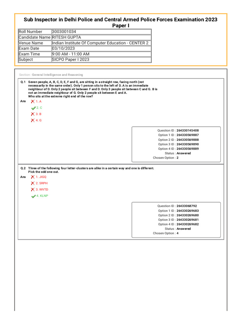 SSC Cpo Answer Key | PDF | Question