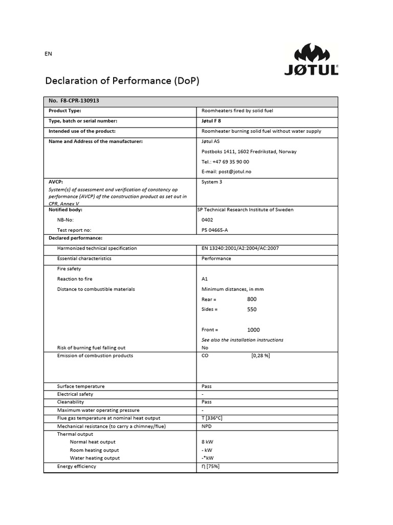 DoP_F8-CPR-130913_EN | PDF | Combustion | Chemistry