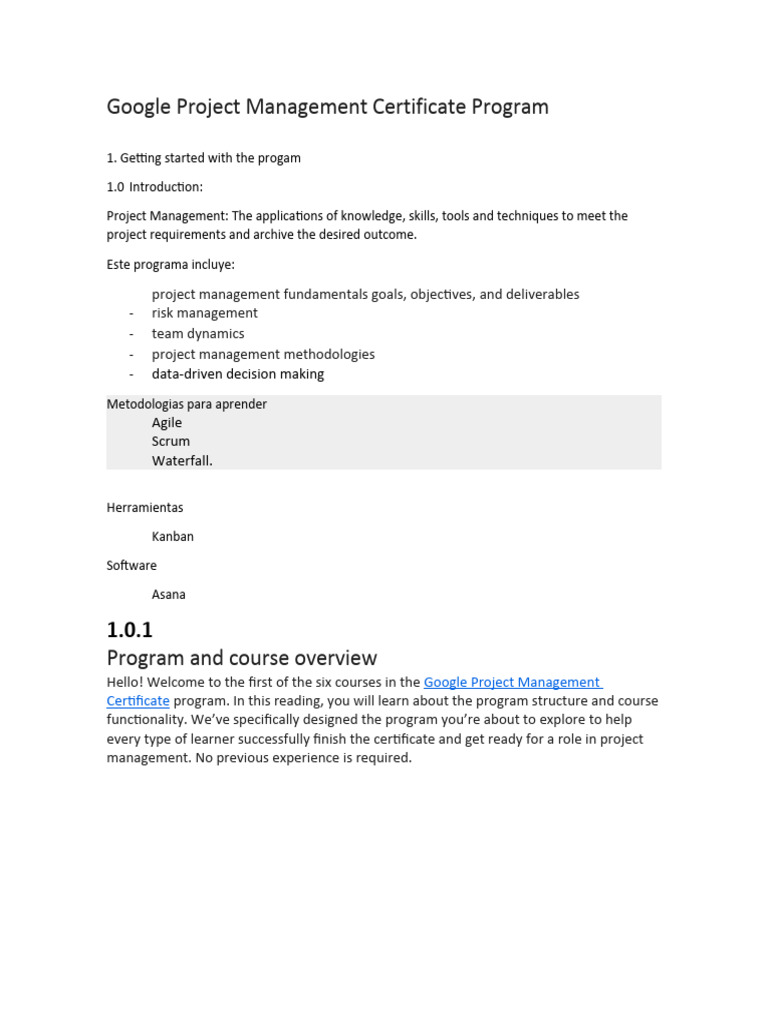 Google Project Management Certificate Overview | PDF | Project ...