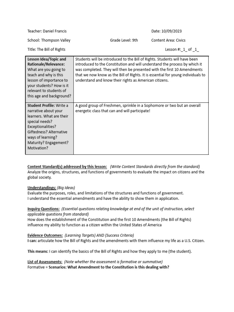 Lesson Plan October 10 | PDF | United States Bill Of Rights | Learning