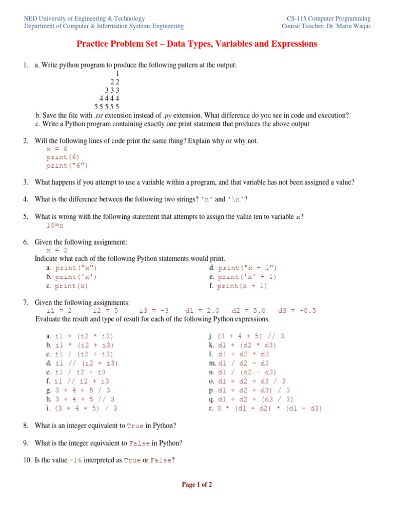 Practice Problem Set - Data Types, Variables & Expressions | Download Free PDF | Mathematical ...