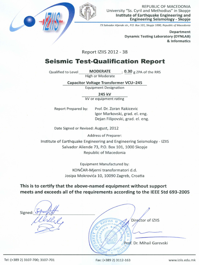 VCU-245 Seismic Test Report | PDF | Capacitor | Insulator (Electricity)