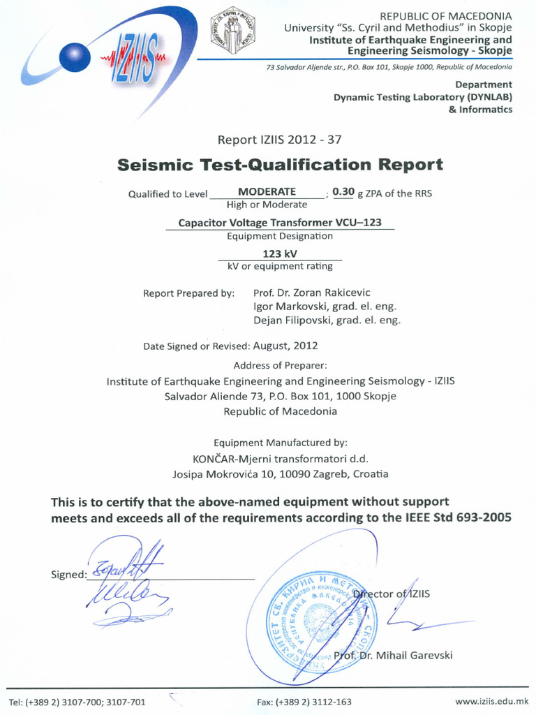 Seismic Test Report for VCU-123 | PDF | Capacitor | Insulator (Electricity)