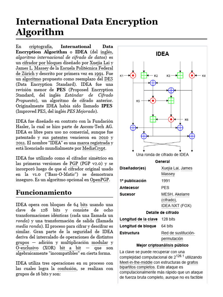 CIFRADO IDEA International Data Encryption Algorithm | PDF | Comunicación segura | Técnicas de ...