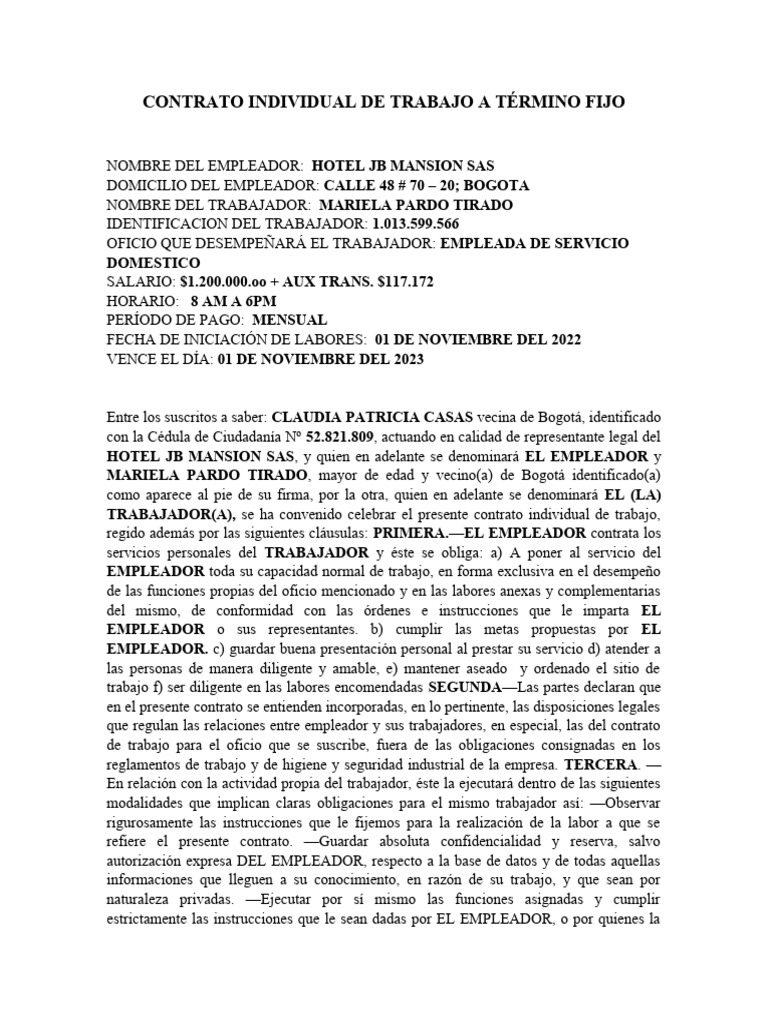 MODELO CONTRATO INDIVIDUAL DE TRABAJO A TÉRMINO FIJO | PDF | Derecho laboral | Salario