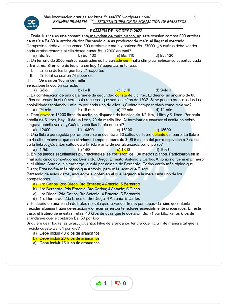 Examen de Ingreso Primaria 2022 | PDF | Amor | Ensayos