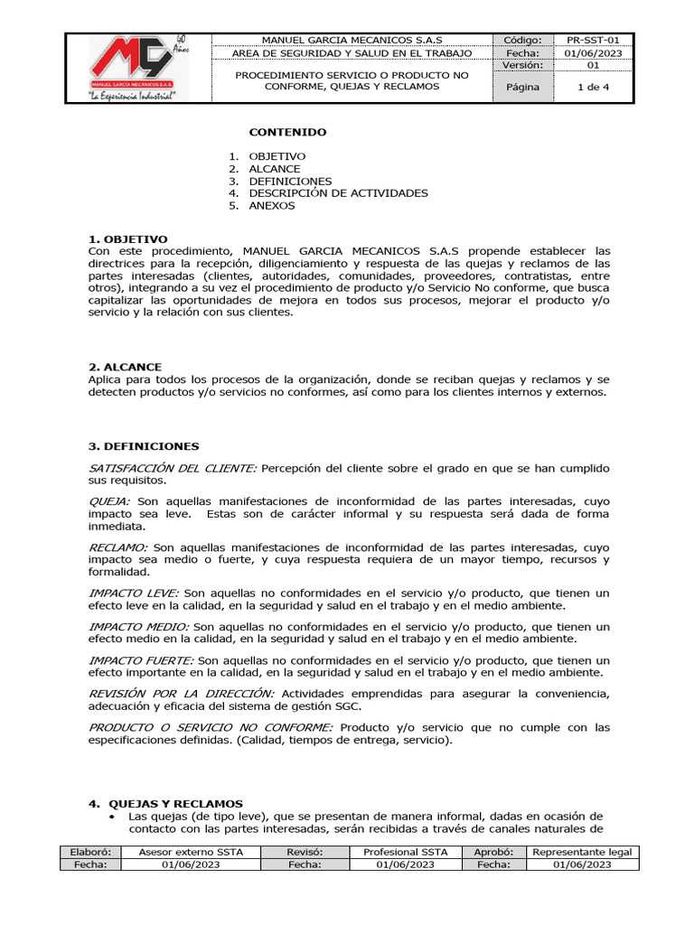 PR-SST-01-Procedimiento Control de Quejas y Reclamos | PDF | Calidad ...