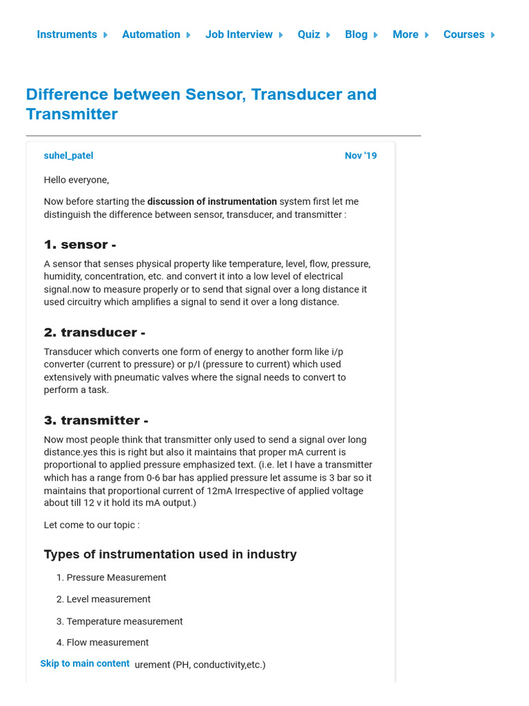 Difference Between Sensor, Transducer and Transmitter - Instrumentation ...