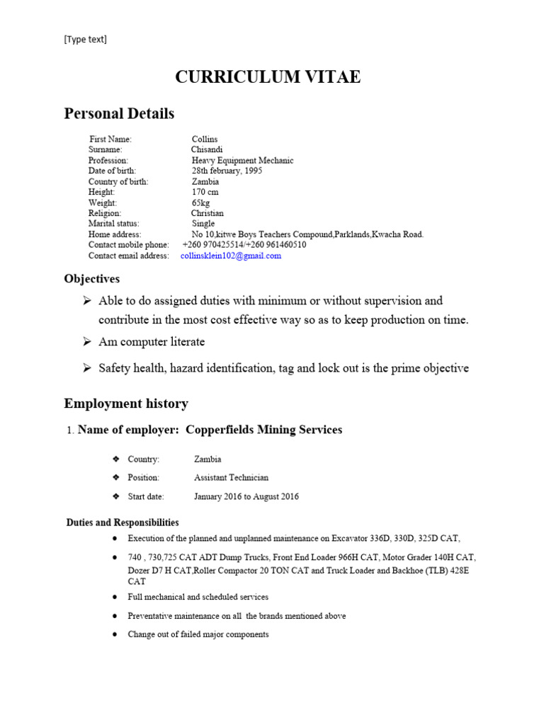Collins Curriculum Vitae | Download Free PDF | Loader (Equipment) | Truck