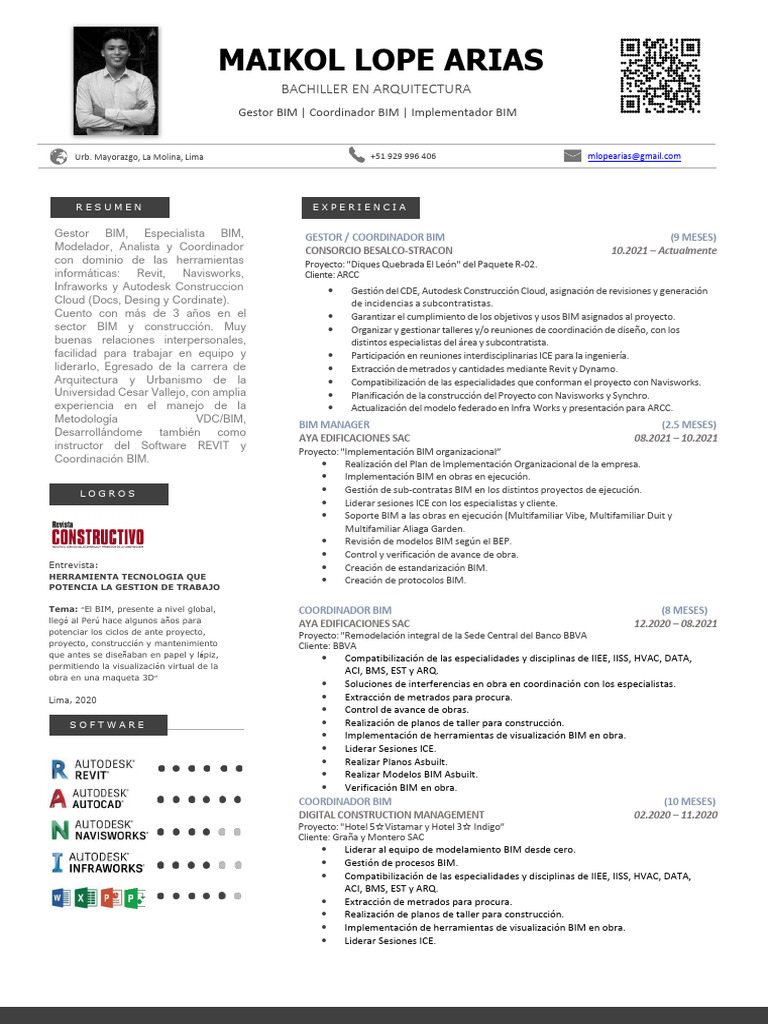 Maikol Lope Arias - CV Documentado 2022 | Descargar gratis PDF | Autodesk Revit | Ingeniería