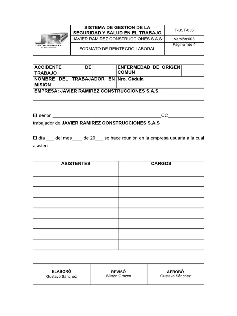 F-SST-036 Formato de Reintegro Laboral | PDF