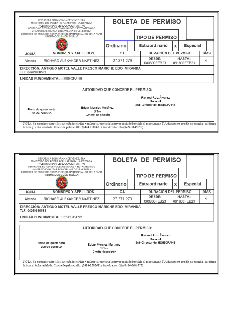 Boleta de Permiso | PDF | Venezuela | Política de venezuela
