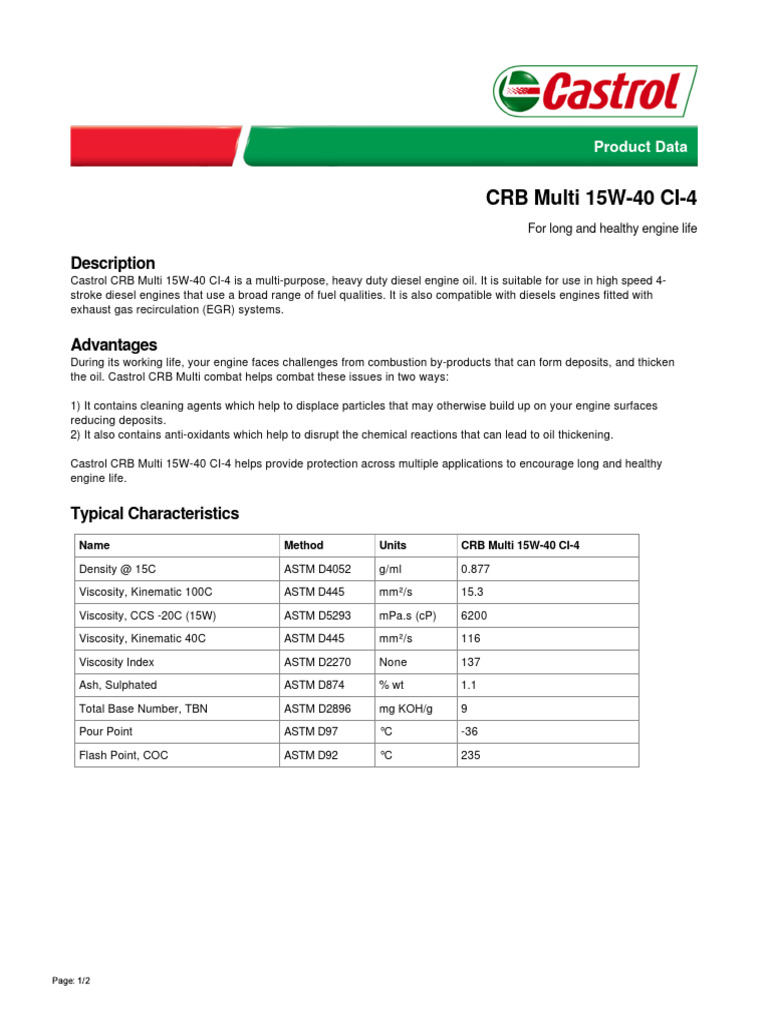 Castrol CRB Multi 15W40 CI-4 EN | PDF | Motor Oil | Industrial Processes