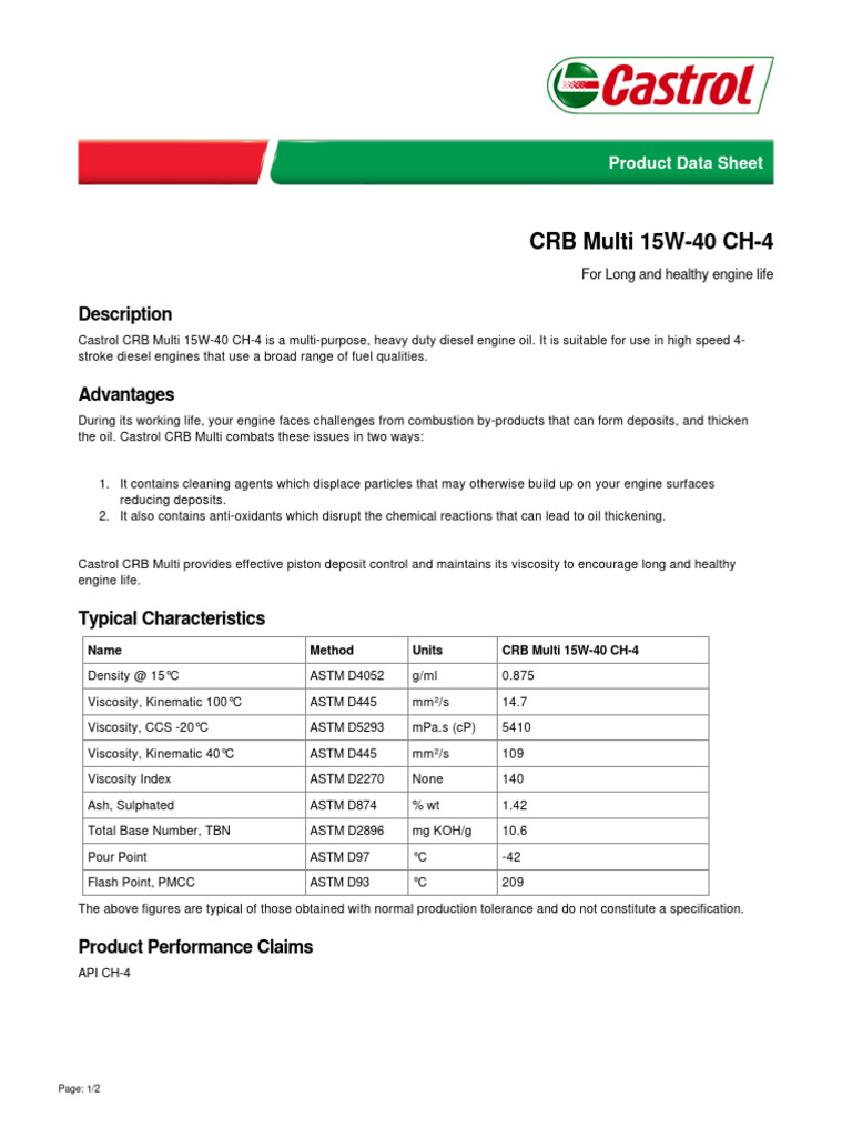 Castrol CRB Multi 15W-40 Diesel Oil | PDF | Motor Oil