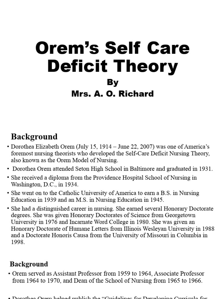 Orem's Theory | PDF | Nursing | Health Care