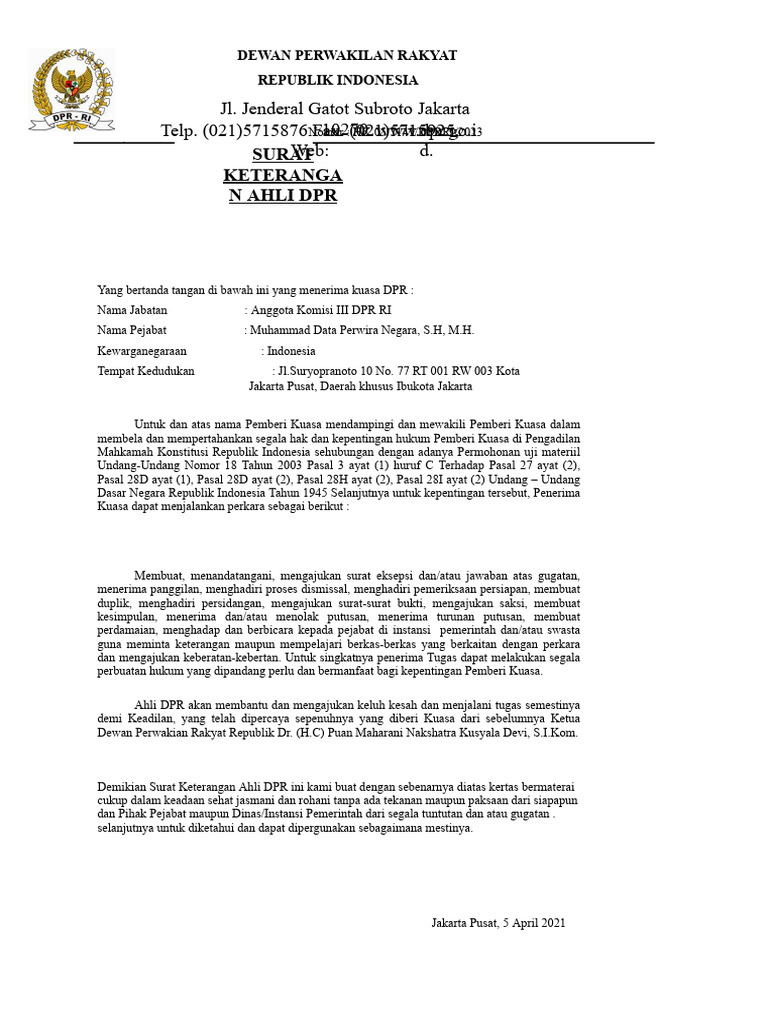 Surat Ket Ahli DPR | PDF