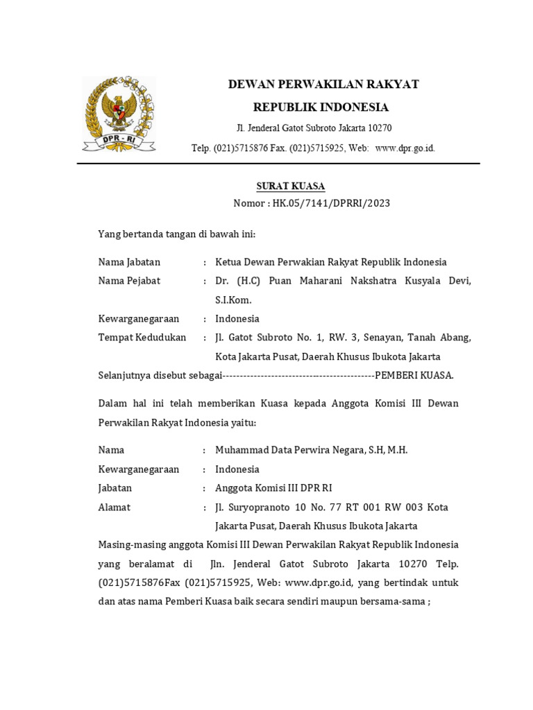 Surat Kuasa DPR | PDF