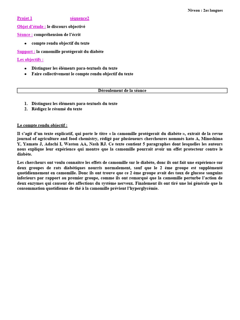 Compte Rendu Objectif : Camomille et Diabète | PDF