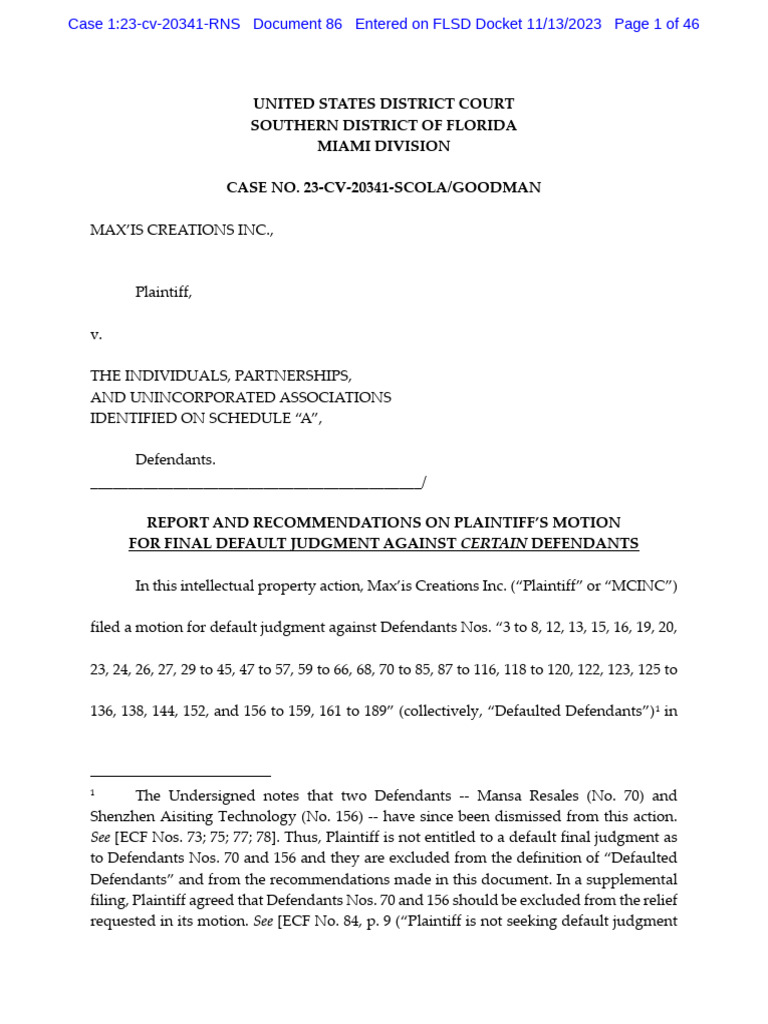 Max'is Creations v. Schedule A (1:23-cv-20341) - RNR On Motion For Default Judgment | PDF ...