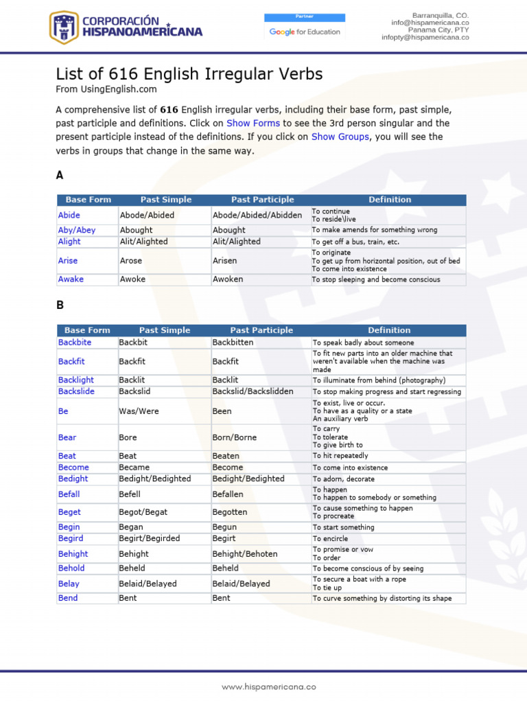 616 English Irregular Verbs | PDF | Language Arts & Discipline