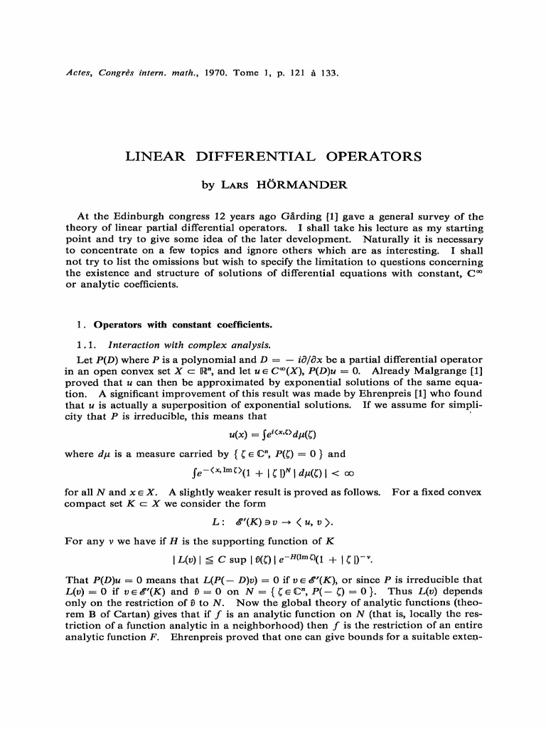 Hormander Icm1970 | PDF | Partial Differential Equation | Differential ...