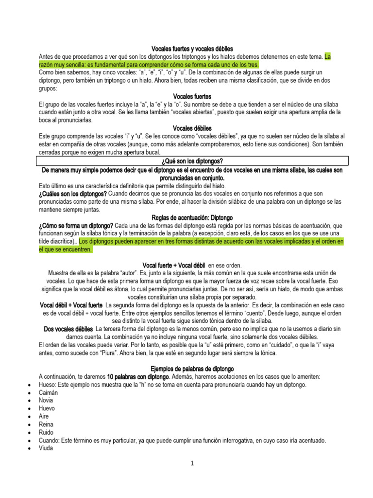 DIPTONGOS Vocales Fuertes y Vocales Débiles | PDF | Vocal | Sílaba