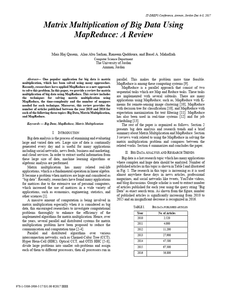 Matrix Multiplication of Big Data Using | PDF | Map Reduce | Matrix (Mathematics)