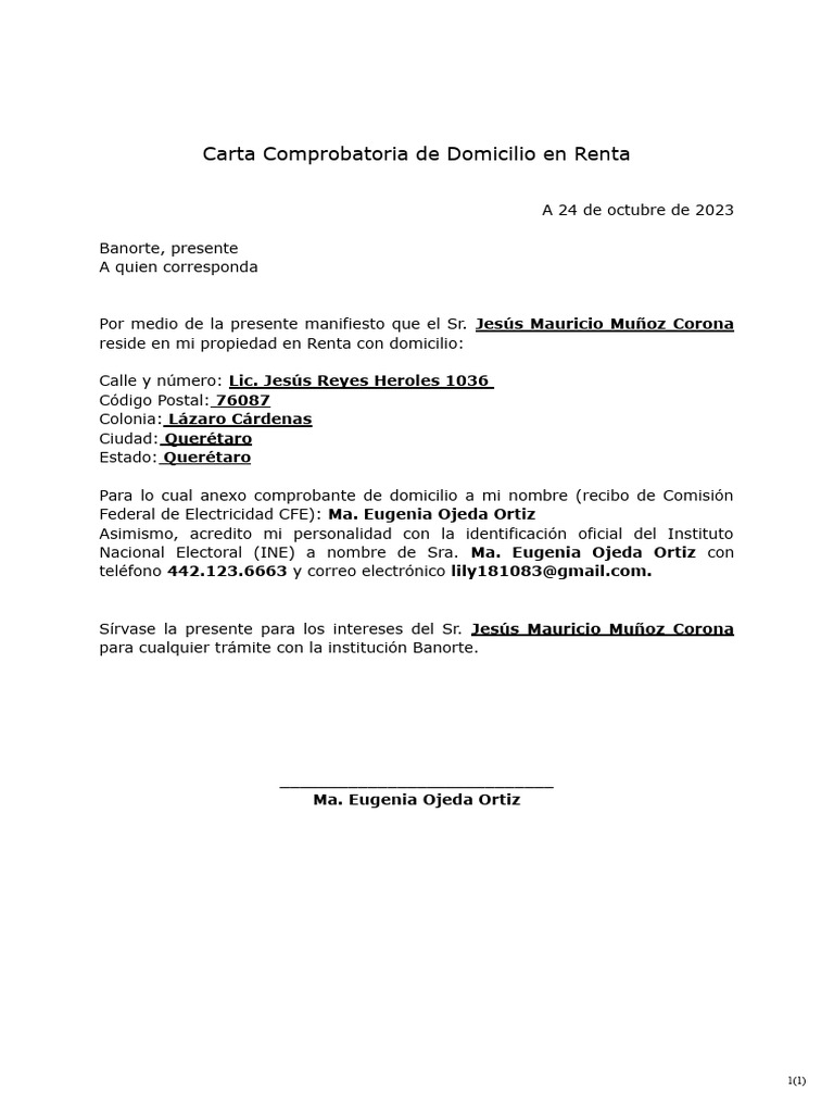 Carta Comprobatoria de Domicilio en Renta | PDF