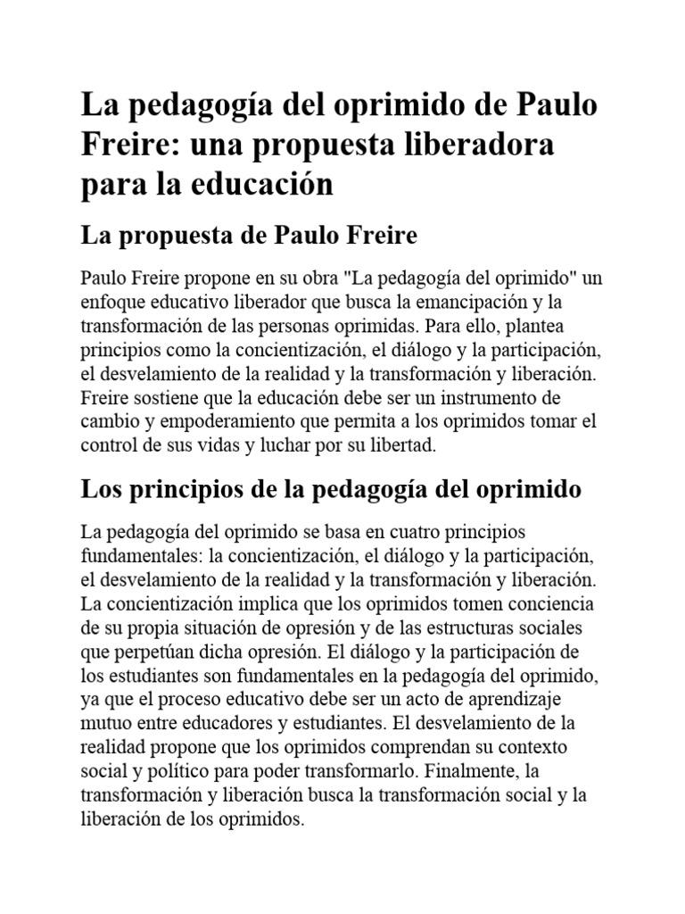 Resumen La Pedagogía Del Oprimido De Paulo Freire Una Propuesta