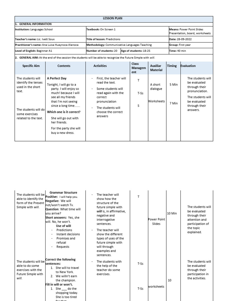Future Simple Lesson Plan for Beginners | PDF | Lesson Plan | Question