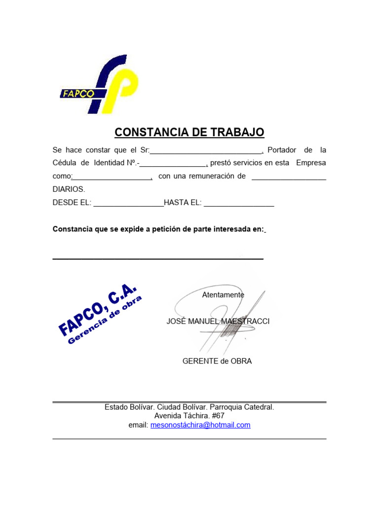 Carta Trabajo Constructora Fapco | PDF